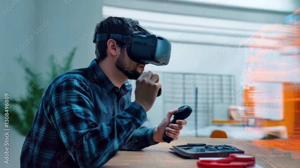 An engineer uses VR technology to control a holographic construction ...