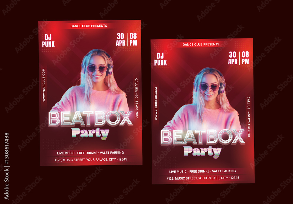 Editable Beatbox Party Flyer or Poster in Red Color for Disco, Club and Night Events. Stock ...