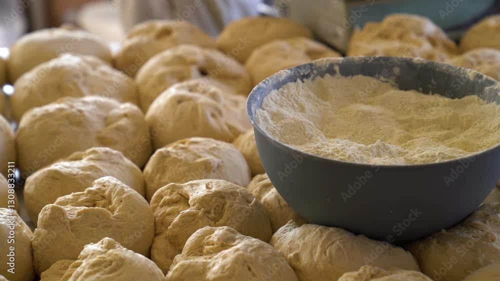A panning shot from right to left shows a bowl filled with flour ...