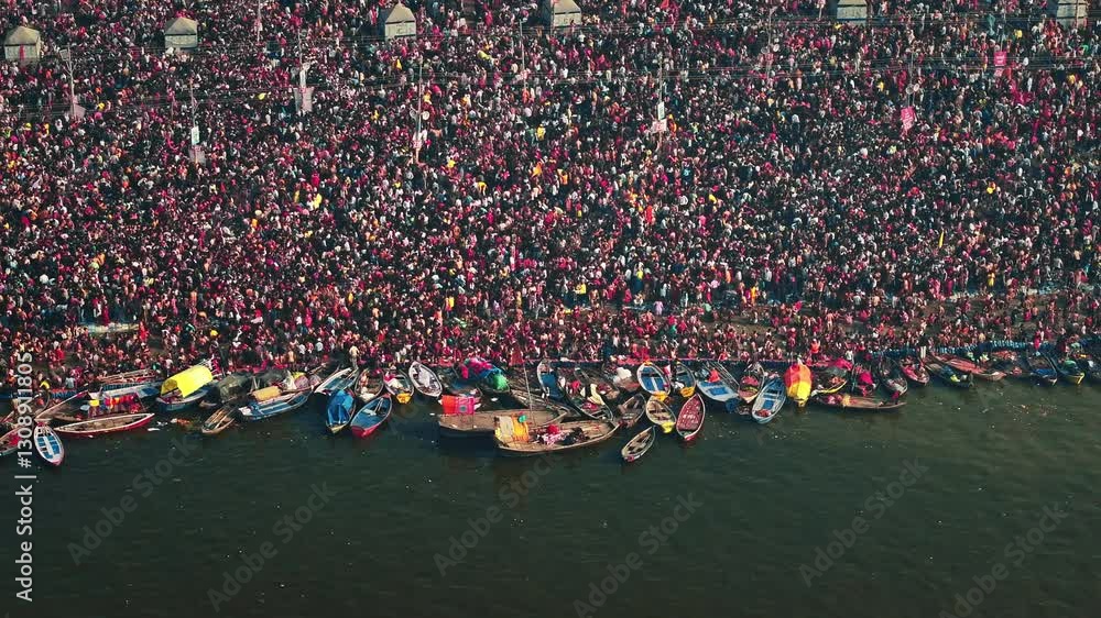 Aerial view of Huge crowd at Triveni Sangam in Prayagraj, India during ...