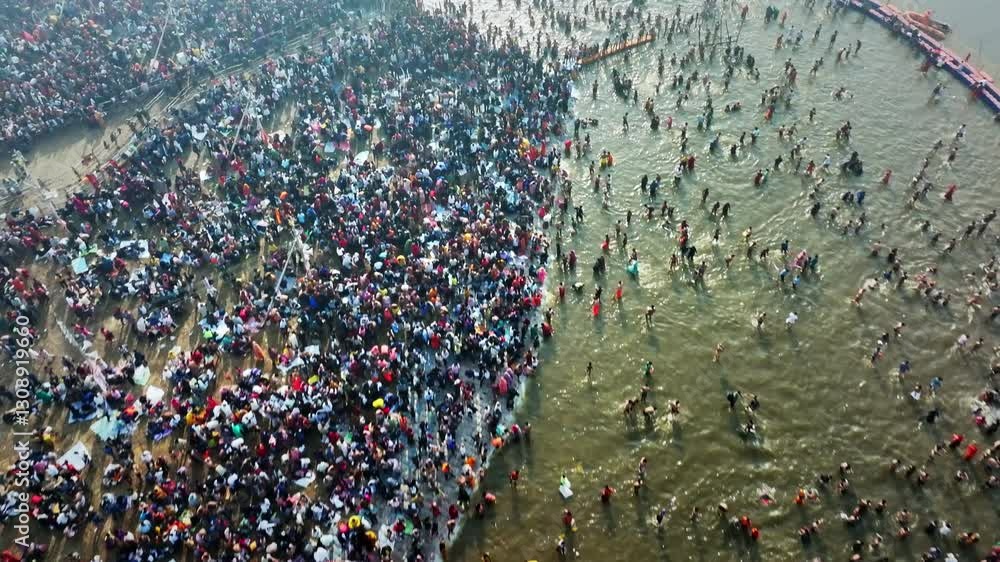 Aerial view of Huge crowd at Triveni Sangam in Prayagraj, India during ...
