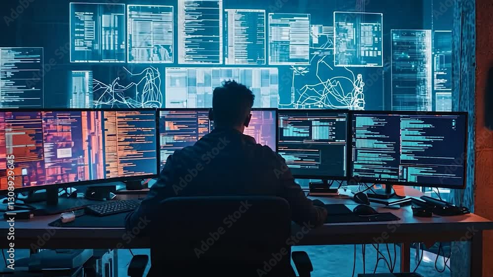 Hacker working late at night in a dark room with multiple monitors displaying complex code ...