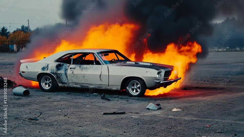 A vintage white muscle car burns in an empty lot, engulfed in flames ...