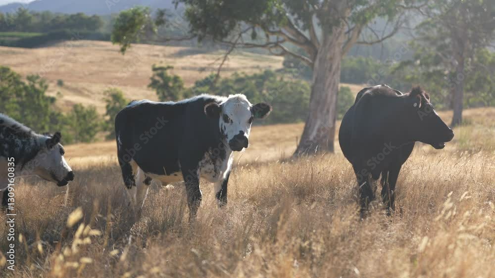 Beef cows and calves grazing on grass on a beef cattle farm in ...