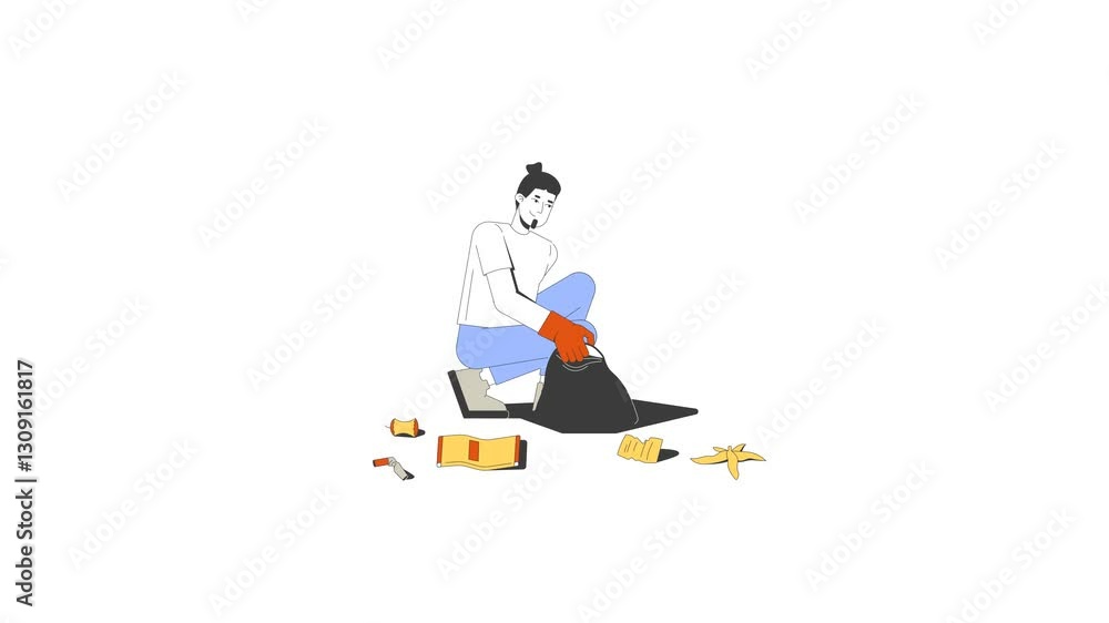 Caucasian bearded man with bun hairstyle cleaning up litter 2D ...