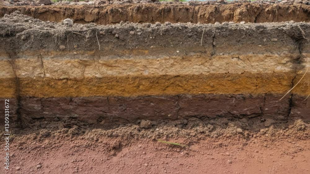Detailed soil profile exposing distinct layers of topsoil, subsoil, and ...