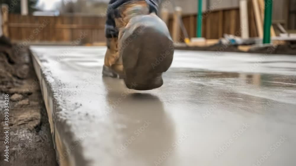 Construction worker walking carefully across freshly poured concrete ...