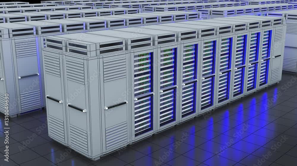 Rotation of isometric data center server room with rows of server racks ...