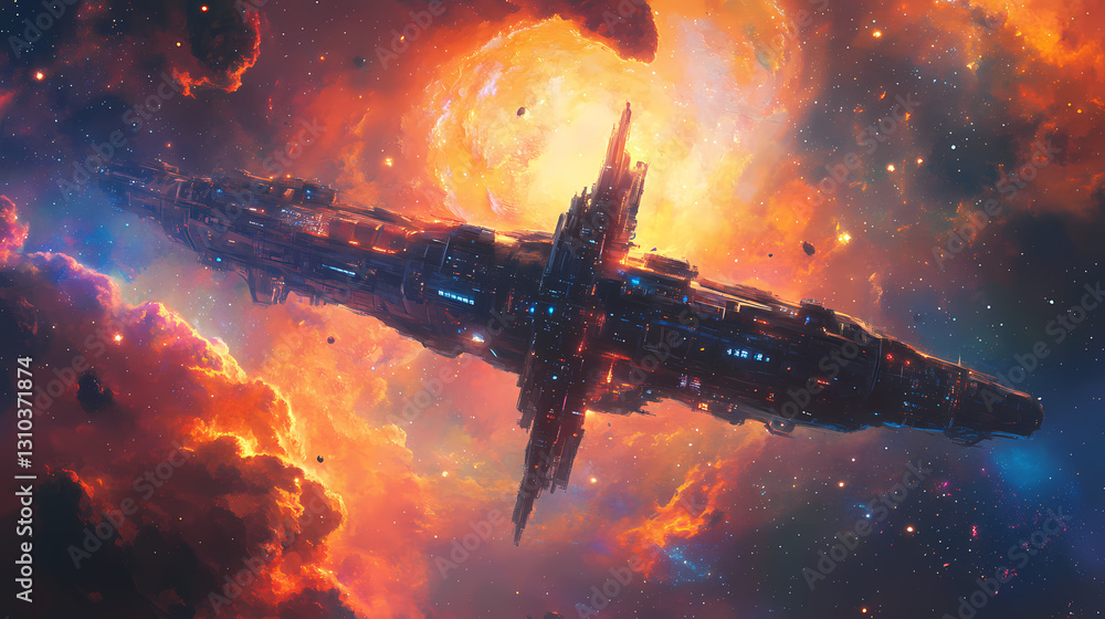 Poster A colossal space station orbits a vibrant nebula, representing ...