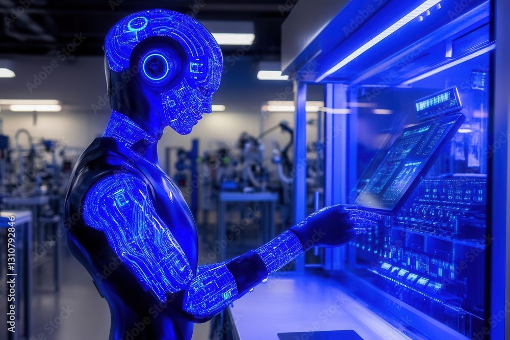 Poster a sleek android with metallic skin and glowing blue circuit ...