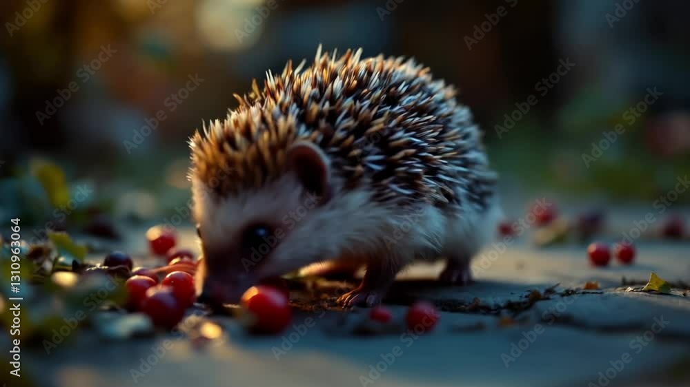 A Hedgehog and snowdrops, little Hedgehog wildlife, slow motion high ...