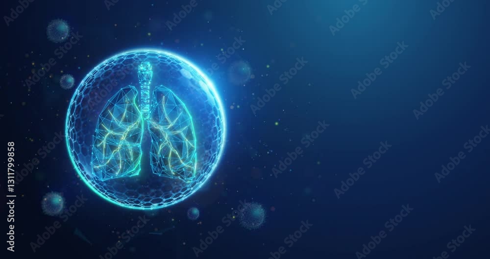Low Poly Breathing Lung Protected by Sphere Shield on side. Pulmonary ...