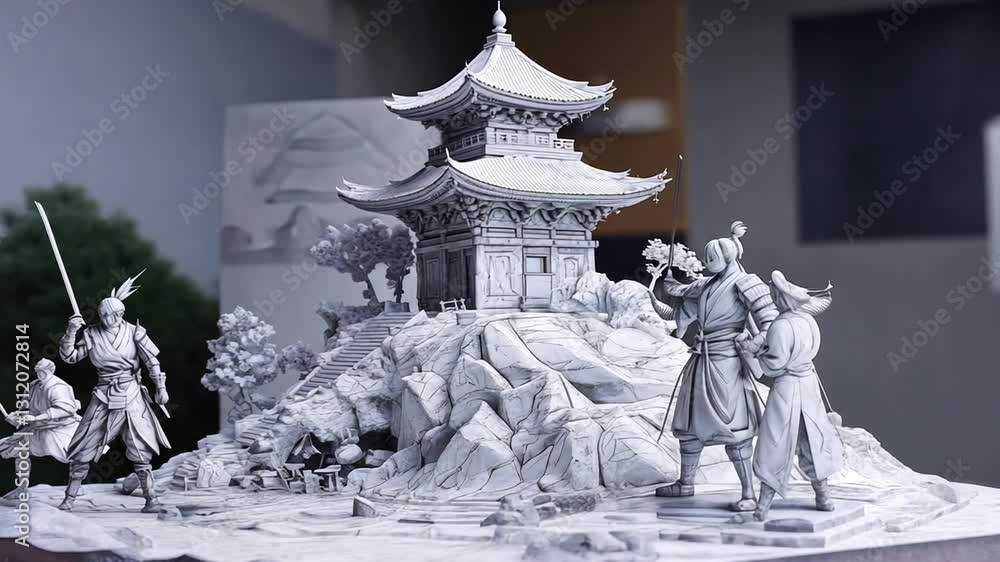 Samurai Diorama: A grayscale 3D-printed model of a Japanese temple ...