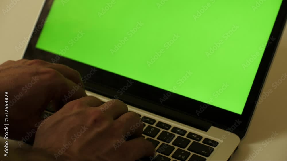 laptop,notebook, hand,keyboard typing,with green screen monitor,screen ...