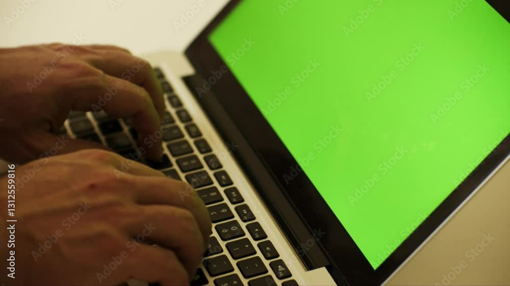 laptop,notebook, hand,keyboard typing,with green screen monitor,screen ...