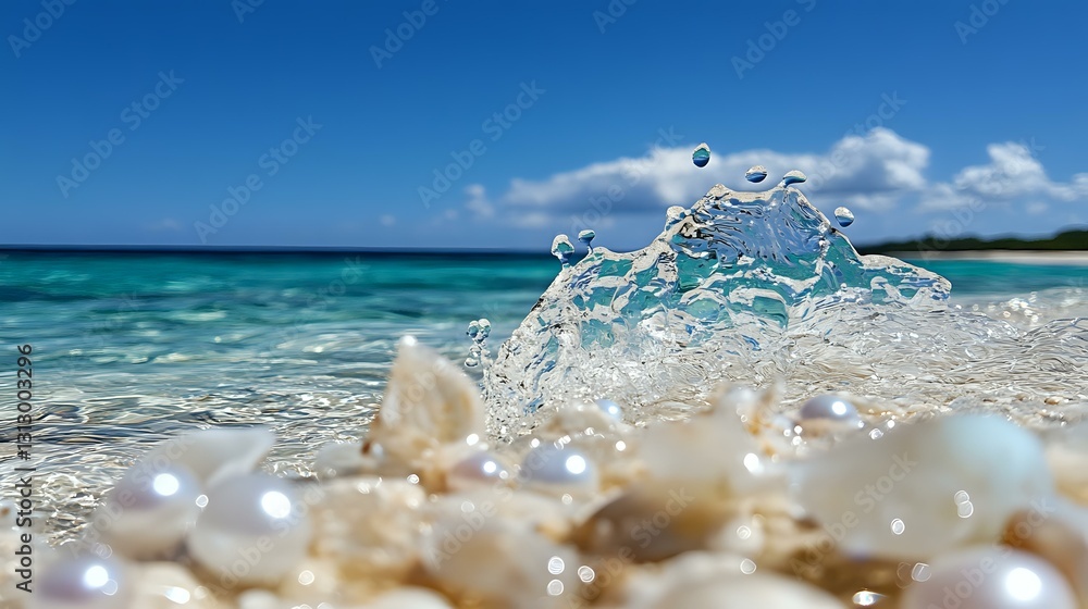 Poster Dramatic ocean wave splash over pearls and seashells on tropical ...