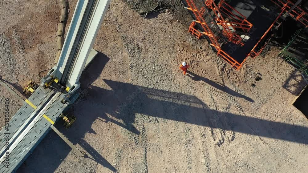 Oil operator is captured by a drone from 90 degrees. He walks with his ...