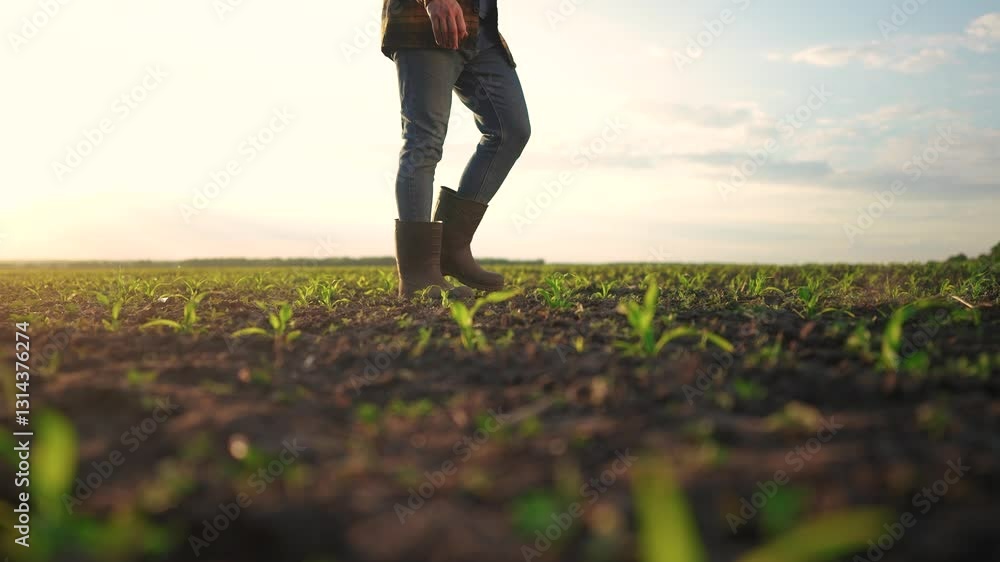 Farmer walking corn sprouts in field. agriculture a business concept. The farmers feet touch the ...