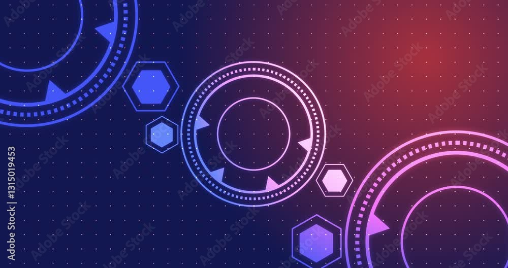 4K circular and hexagonal HUD technology element moving on grid dots bg ...