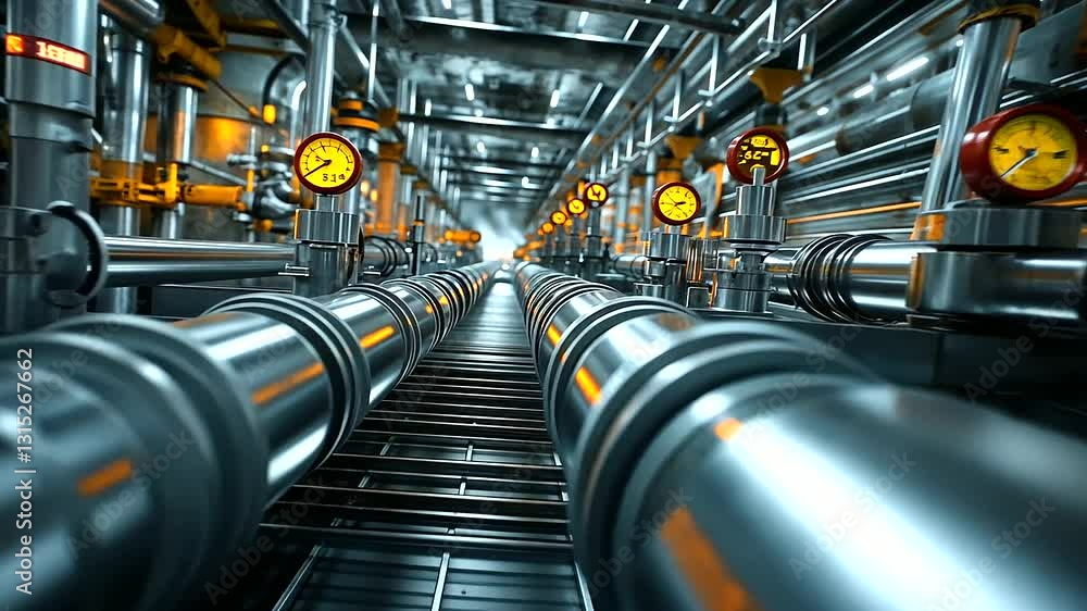 A complex arrangement of gas pipelines crossing in different directions ...