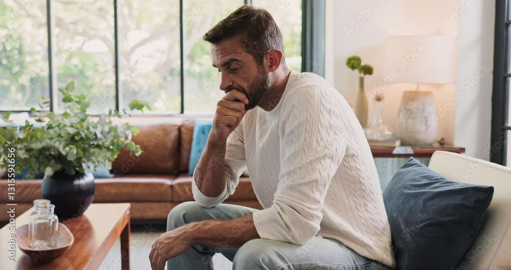 Stress, thinking and man with doubt in home for depression, reflection ...