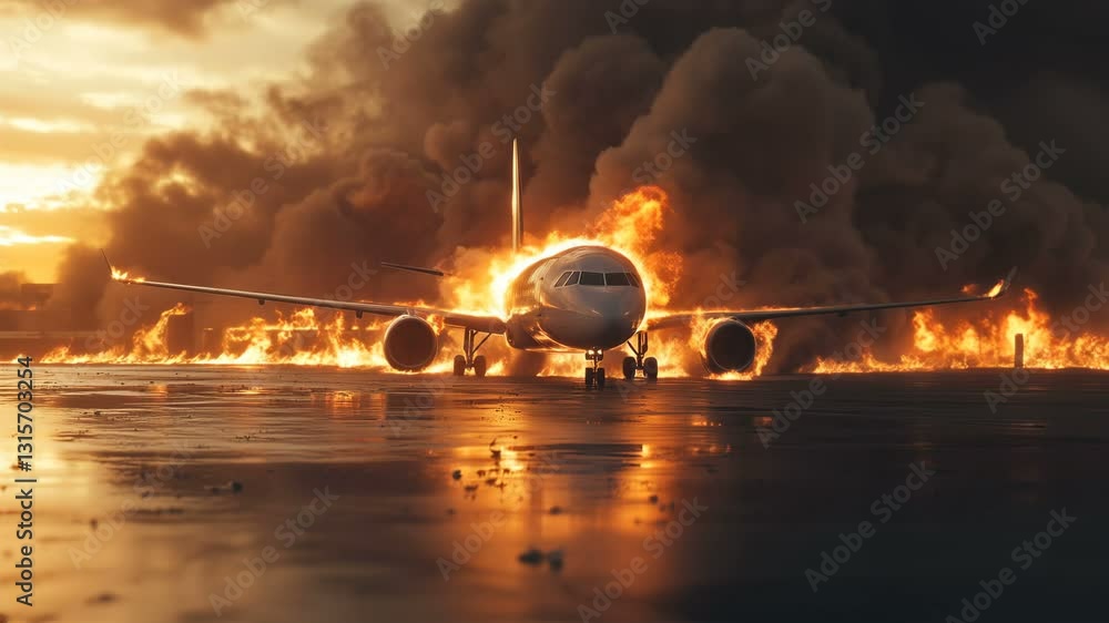 A catastrophic airplane incident erupting with flames and smoke ...