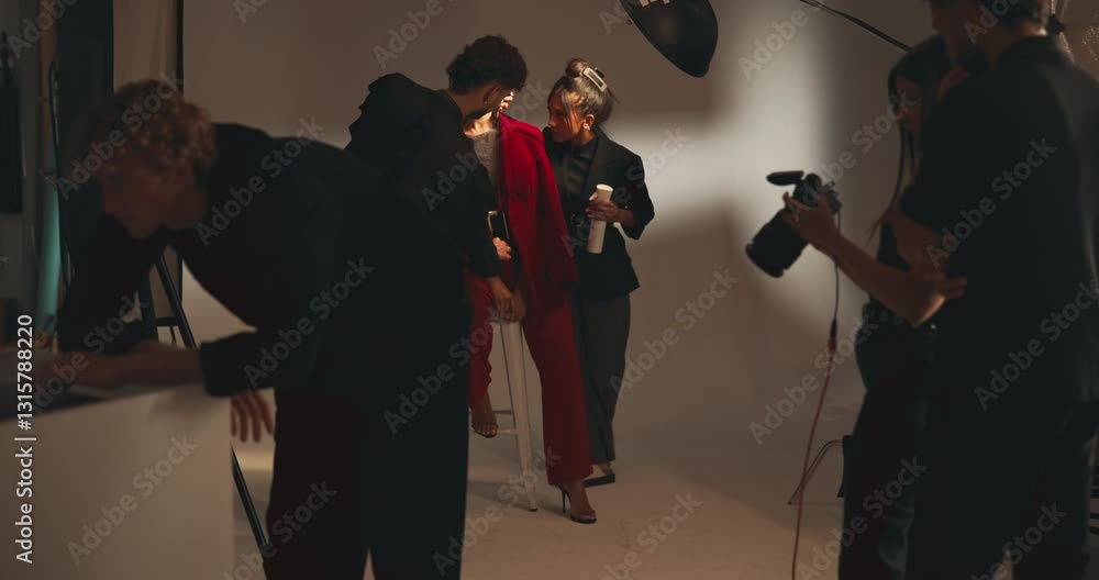 Photography, set and woman model on stool in studio with production ...
