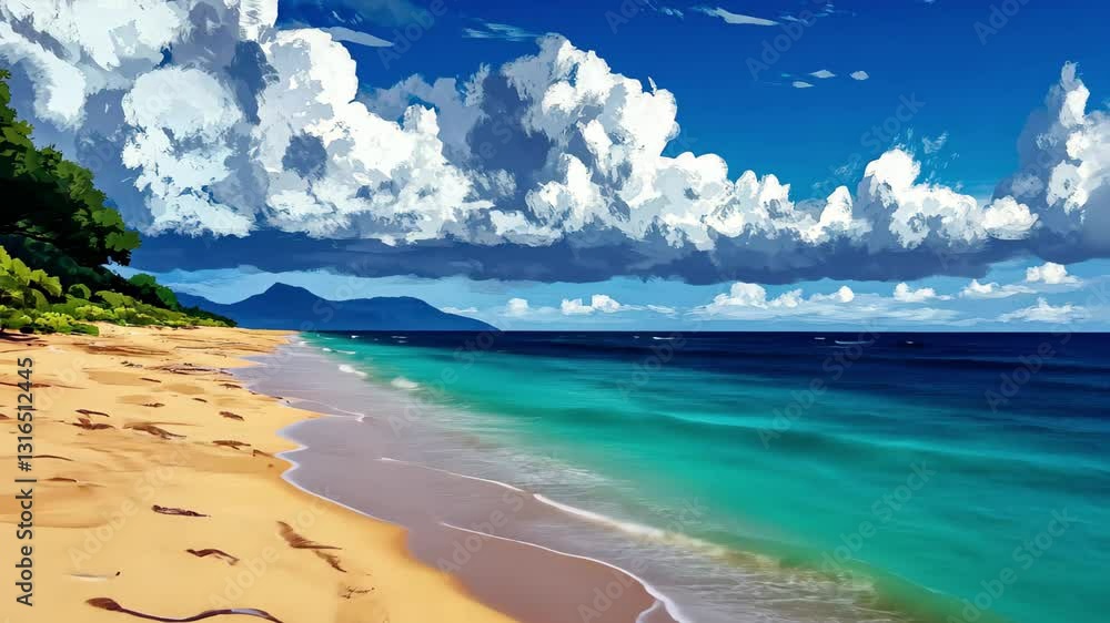 Serene beach landscape in anime style with clear skies and gentle waves ...