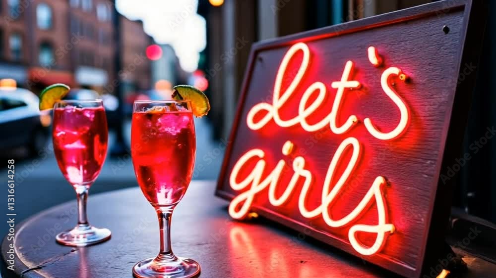 Bold positive pink neon lights sign Let's Go Girls text tropical ...