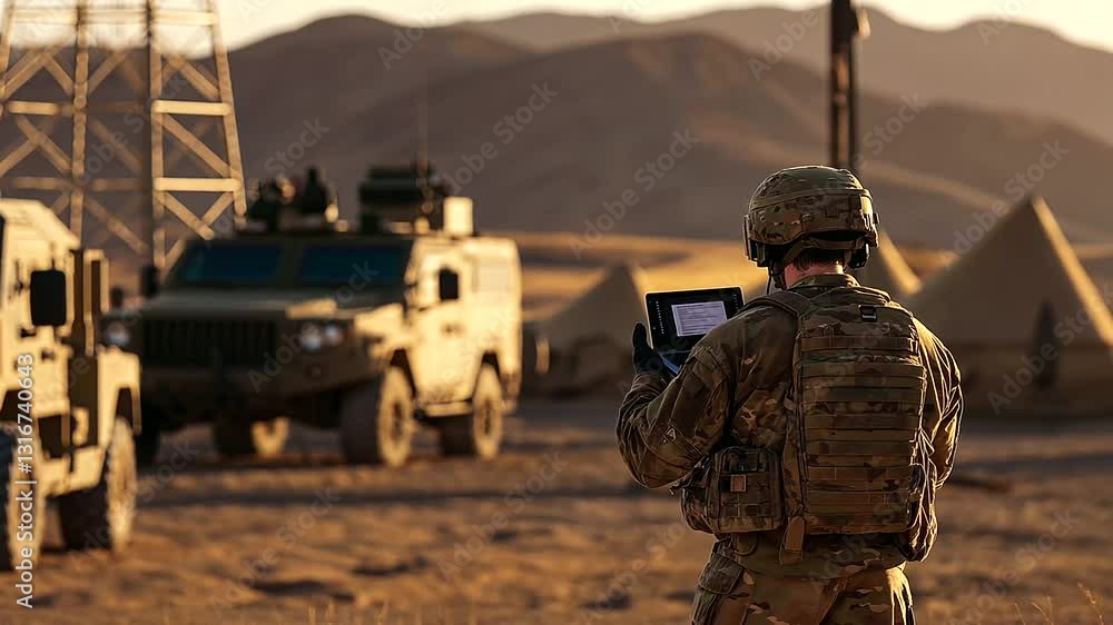 Close-up of a soldier setting up communications equipment near a tower ...