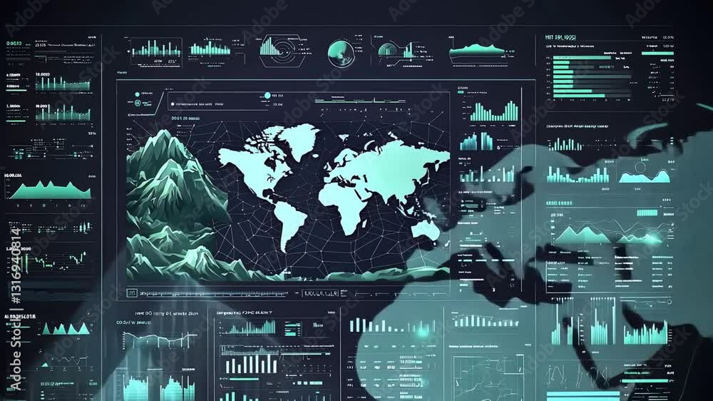 Global Data Analysis Futuristic Interface Showing World Map & Data ...
