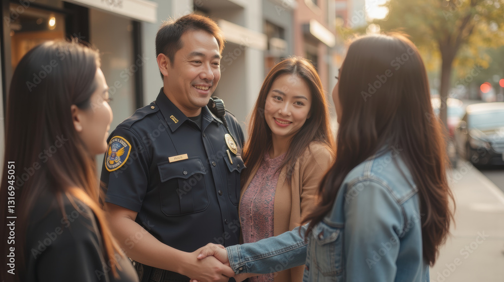 Friendly police officer interacting with women on city street ...