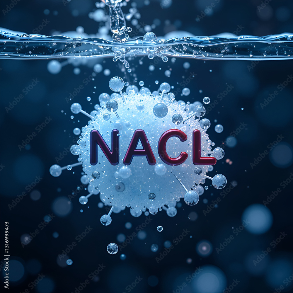Poster Create an image of a salt molecule (nacl) dissociating in water ...