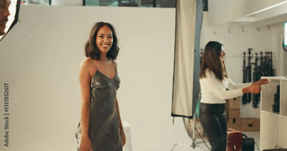 Woman, photographer and beauty photoshoot in studio, prepare backstage ...