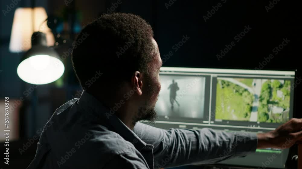 Black guy video editor working with dual monitors for creative content ...