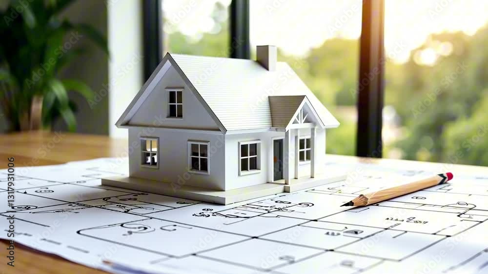 White model house on architectural blueprints on the architect's desk ...