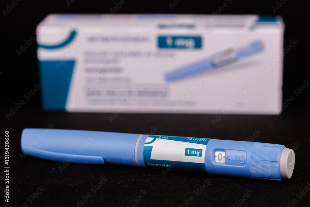 Poster The Ozempic pen and box are featured on a black background ...