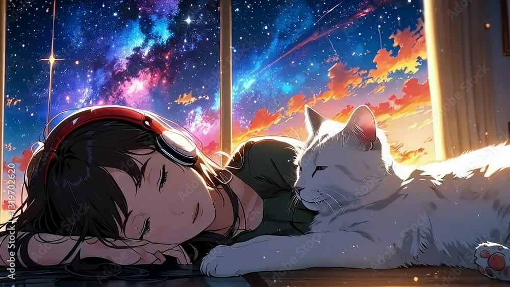 Lofi animation. Seamless loop. Girl listening music watching sky, anime ...