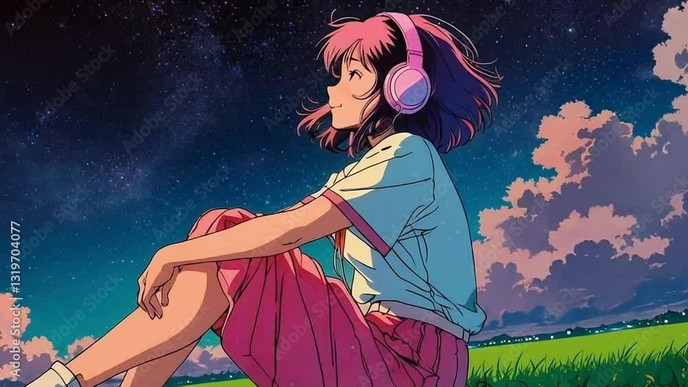 Lofi animation. Seamless loop. Girl listening music watching sky, anime ...