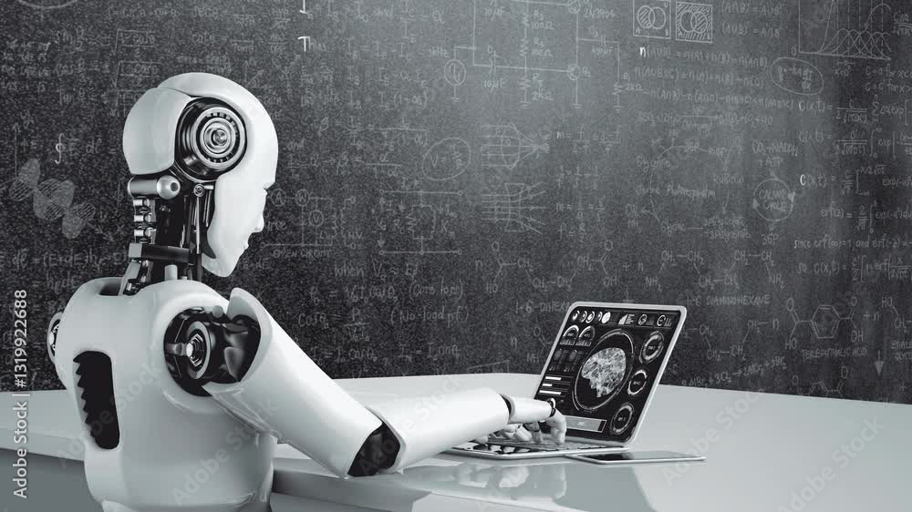 Robot hominoid use laptop and sit at table for engineering science studying using AI thinking ...