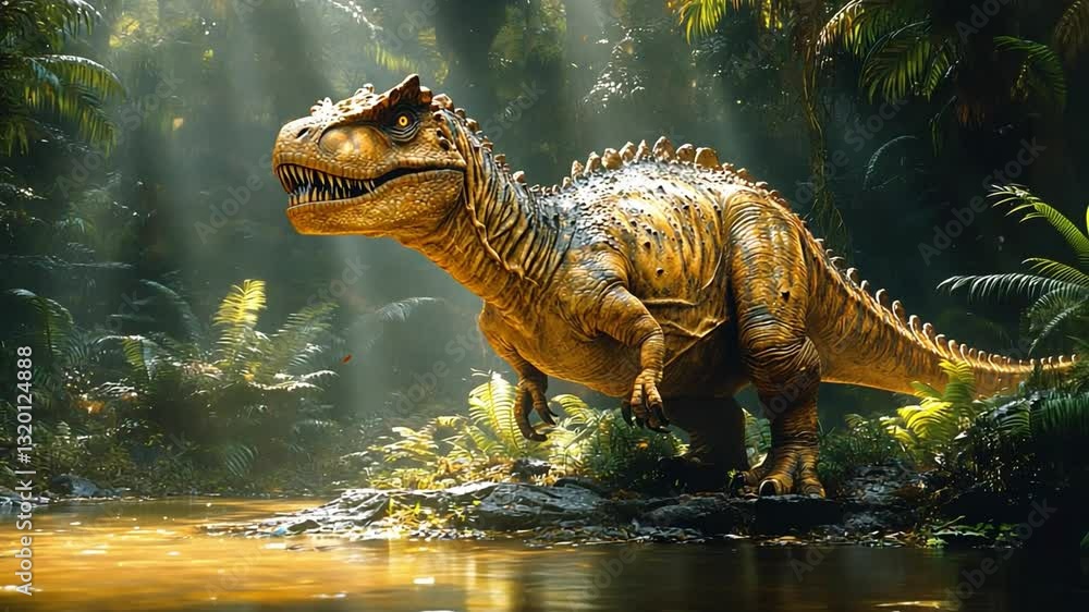 Majestic Allosaurus in Lush Jurassic Habitat: A formidable Allosaurus, ancient apex predator ...