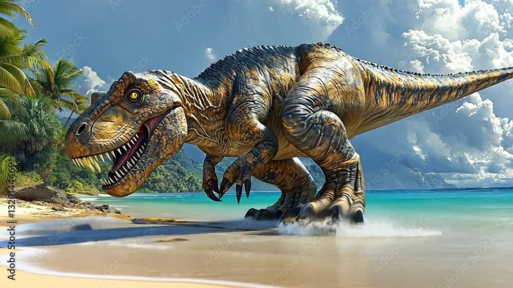 Tyrannosaurus Rex on Beach: A photorealistic Tyrannosaurus Rex emerges ...