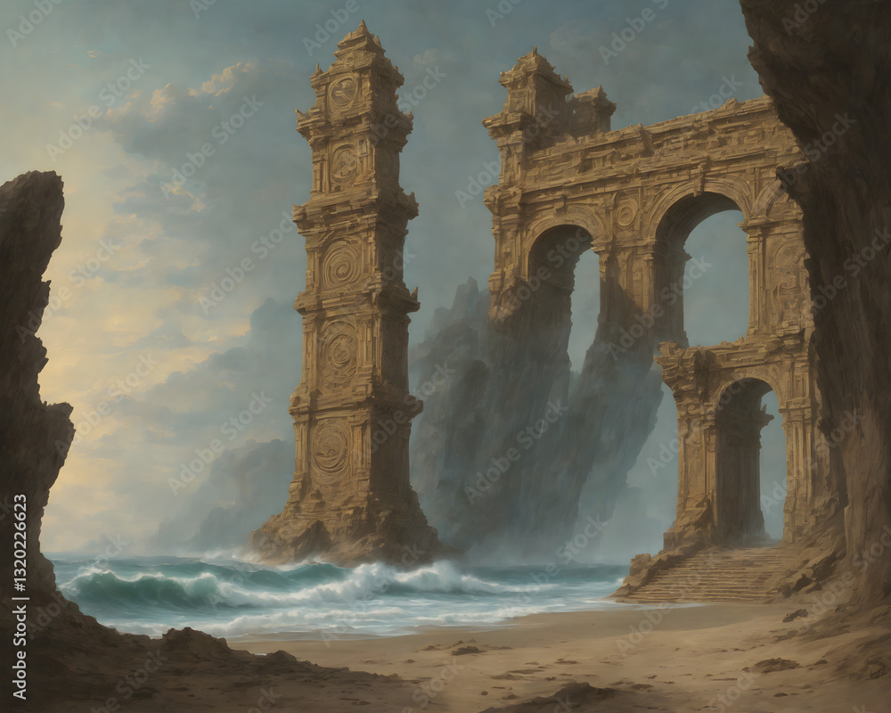 Poster A gargantuan stone gate rises from the endless ocean, its ...