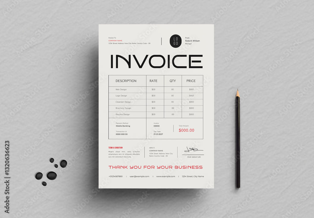 Professional Invoice Design Clean and Modern Billing Template Stock ...