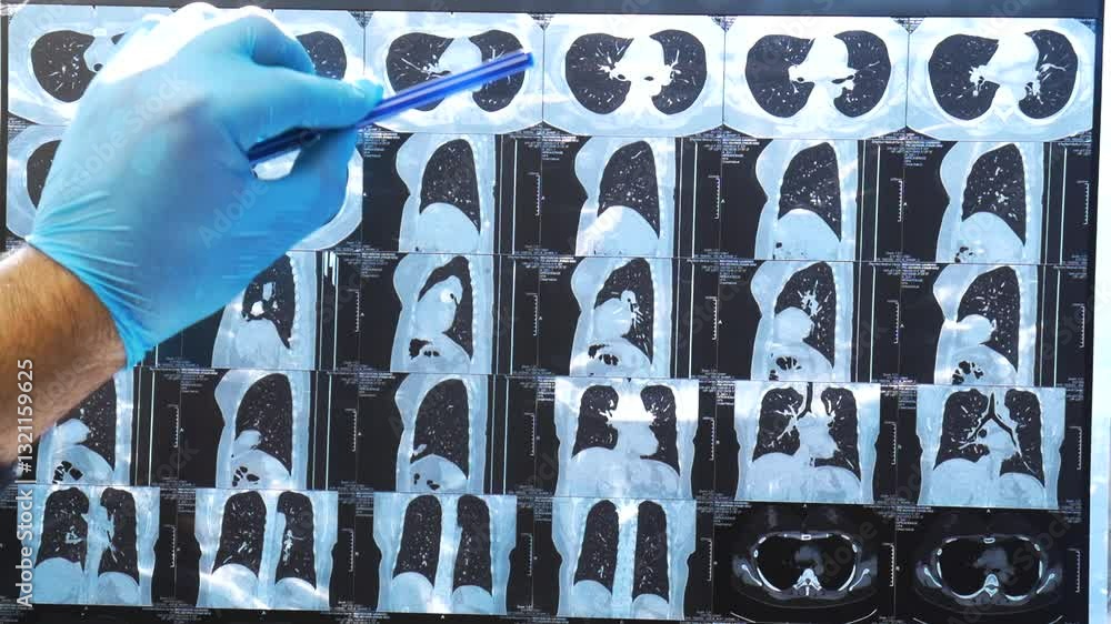 On a patient's CT scan of the lungs, the doctor highlights areas with ...
