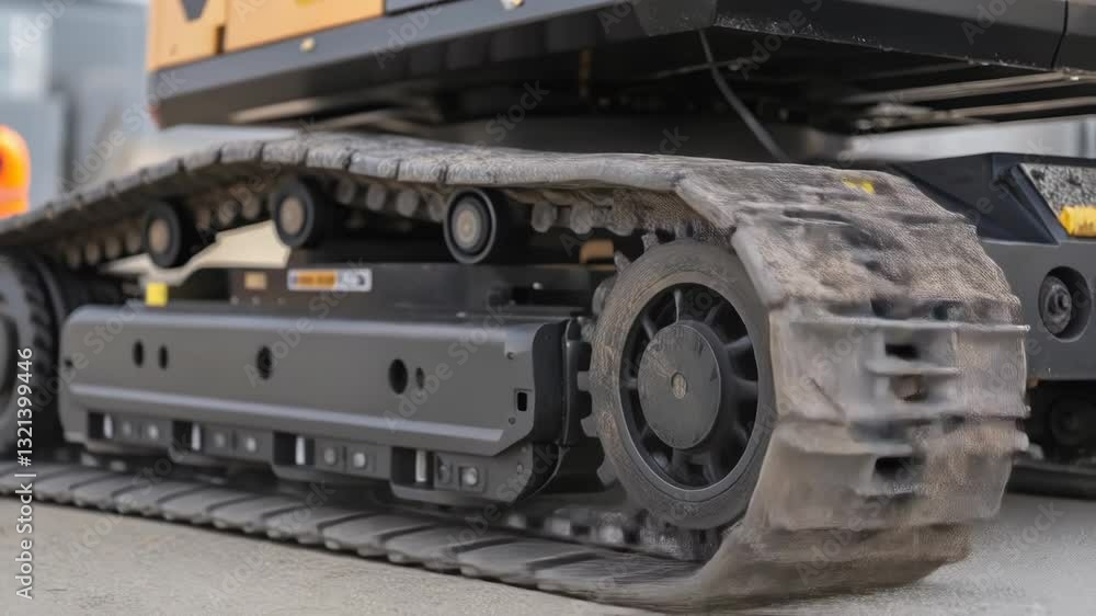 Continuous metal tracks of industrial construction vehicle slowly ...