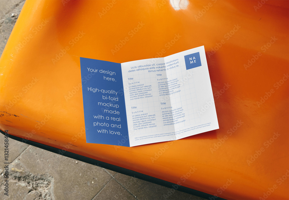 Mockup Of Customizable Tri-Fold Open Leaflet On Orange Seat Stock ...
