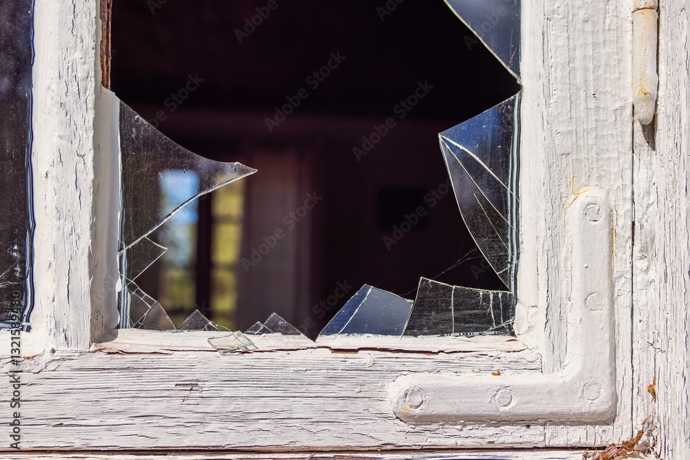 Poster Broken glass in an old window of a cottage – Wall Art | UkPosters