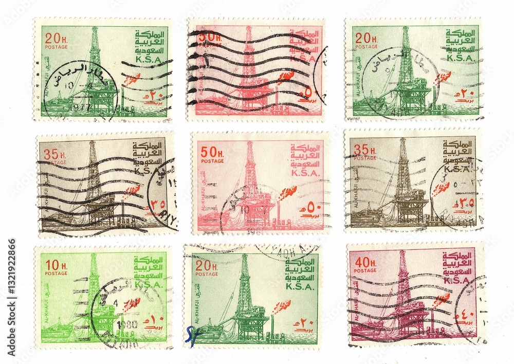 Poster Vintage used postage stamps from Saudi Arabia featuring an oil ...