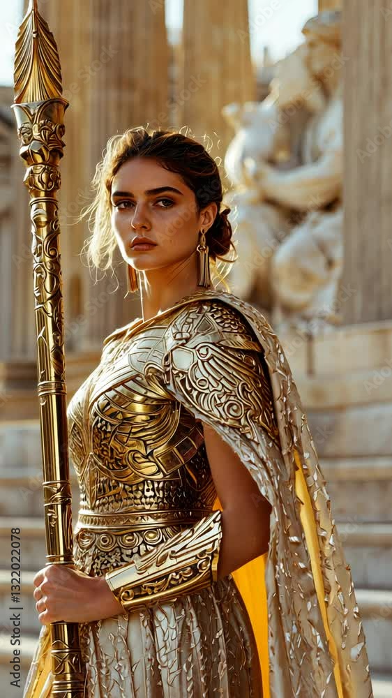 Woman warrior confidently stands at base of ancient staircase, ancient ...